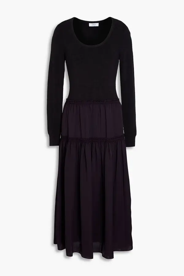 Theory Ribbed Knit Paneled Satin Midi Dress - Dark Purple