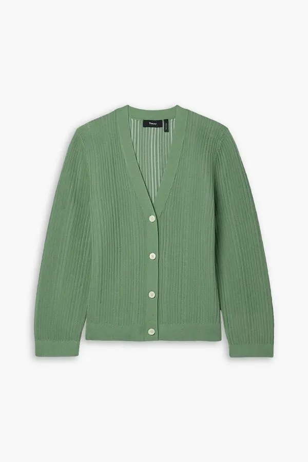 Theory Cropped Ribbed Cotton-blend Cardigan - Sage Green