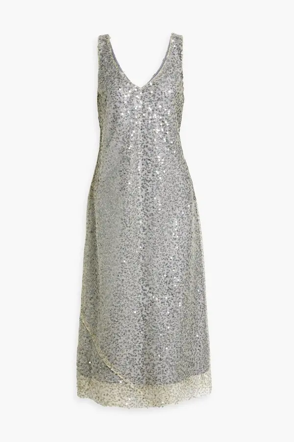 Vince Sequined Metallic Lace Midi Dress