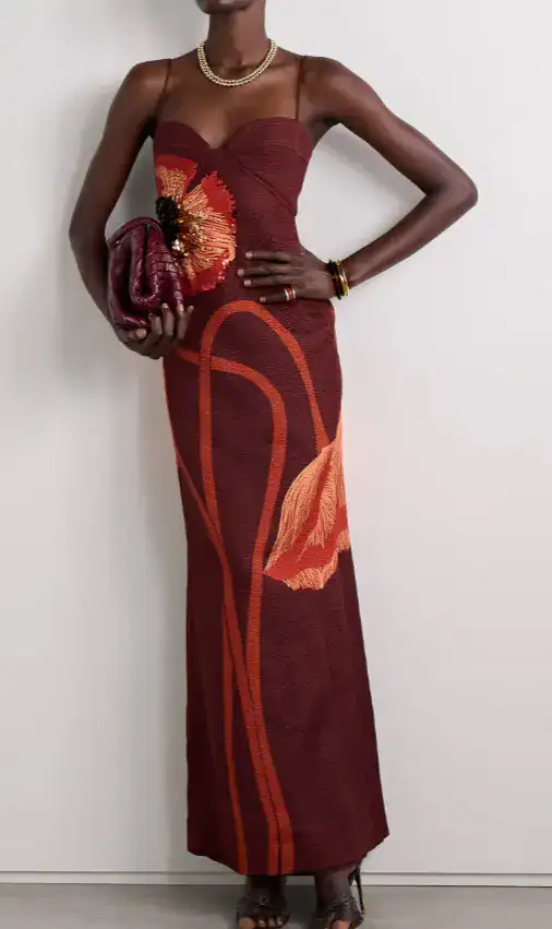 Johanna Ortiz Plentiful Qualities' Embellished Printed Wool And Silk-Blend  Cloqu Maxi Dress - Burgundy | Editorialist