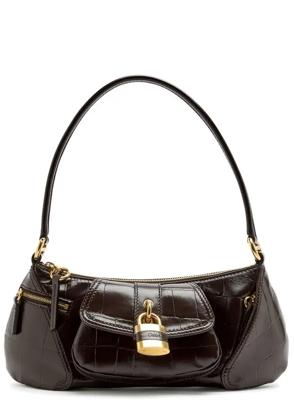 Chloé The 99 Crocodile-effect Leather Shoulder Bag - Dark Brown