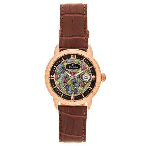 HERITOR AUTOMATIC Protégé Leather-band Strap Watch With Date - Rose Gold/brown