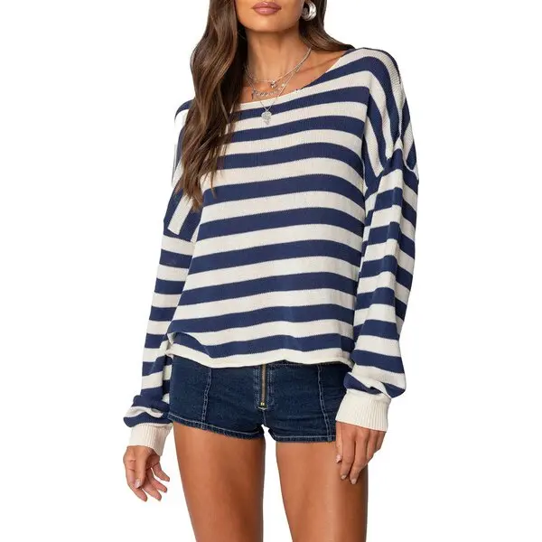 EDIKTED Anney Oversized Striped Cotton Blend Sweater - Blue-and-cream