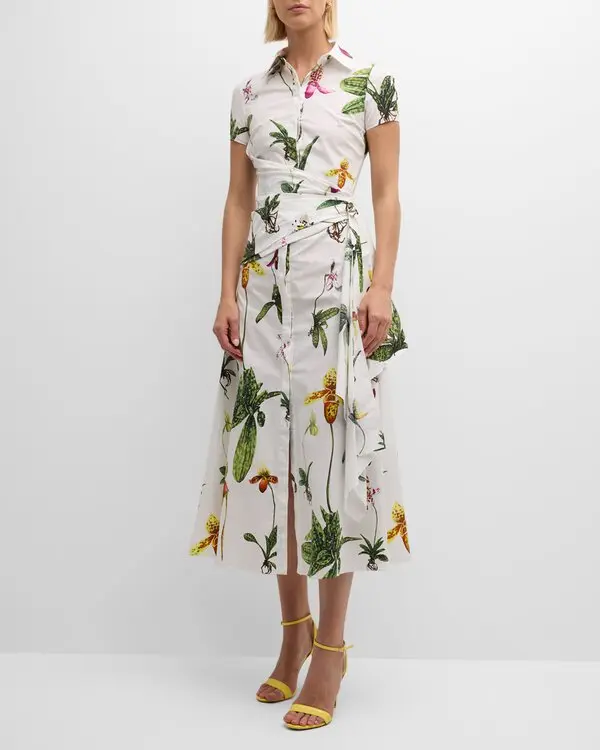 Oscar De La Renta Orchid Print Poplin Midi Dress - White Multi