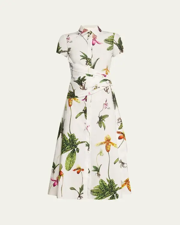Oscar De La Renta Orchid Print Poplin Midi Dress - White Multi
