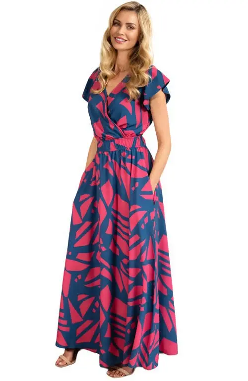 HOTSQUASH LONDON CLOTHING Abstract Print Chiffon Faux Wrap Maxi Dress - Matisse Print Coral / Teal