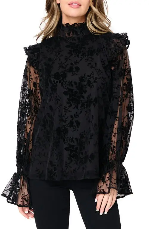 GIBSONLOOK Flocked Mock Neck Bell-sleeve Top