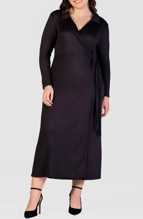24SEVEN COMFORT APPAREL Collared Long Sleeve Maxi Wrap Dress - Black