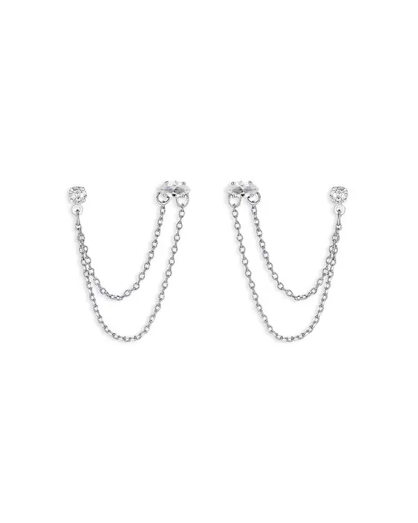 Ettika Chain & Crystal Double Piercing Earrings - Silver