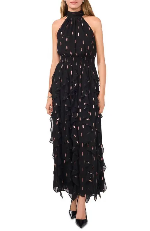 1.State Flounce Cascading Metallic Clip Dot Maxi Dress - Rich Black