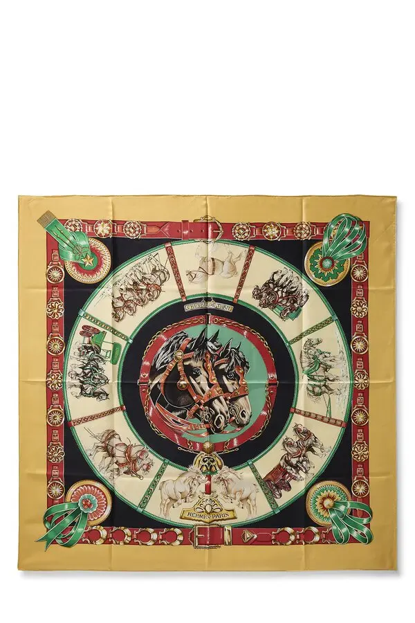 Hermès Multicolor 'chevaux De Trait' Silk Scarf 90 - Yellow