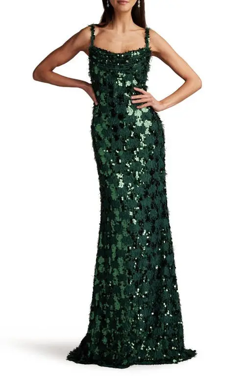 Tadashi Shoji Sequin & Fringe Gown