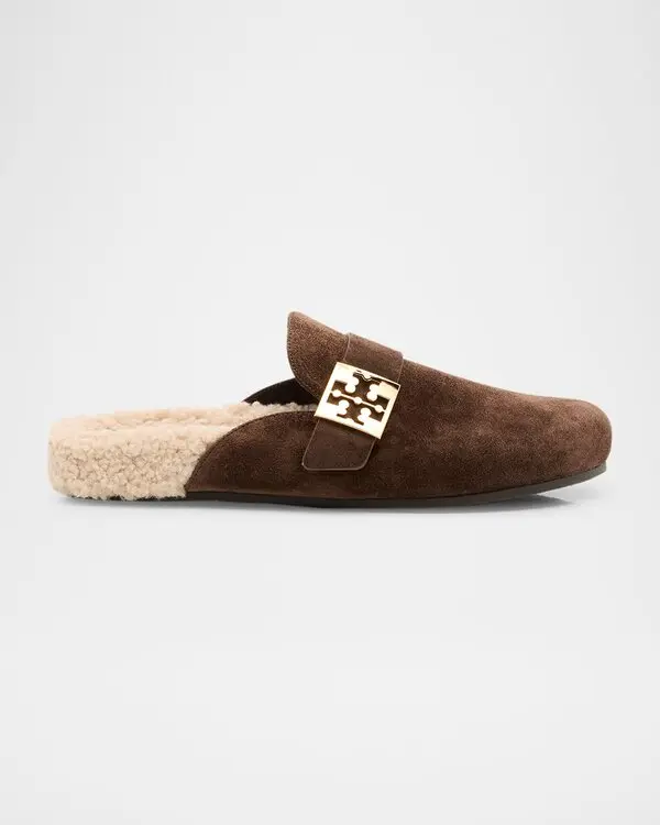 Tory Burch Mellow Suede Shearling Mules - Deep Espresso  Gold