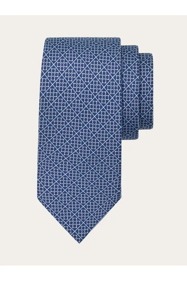 FERRAGAMO Square Gancini Print Silk Neck Tie - Blue