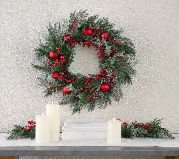 VALERIE PARR HILL As Is 26' Berry, Ornament, & Eucalyptus Wreath- Valerie