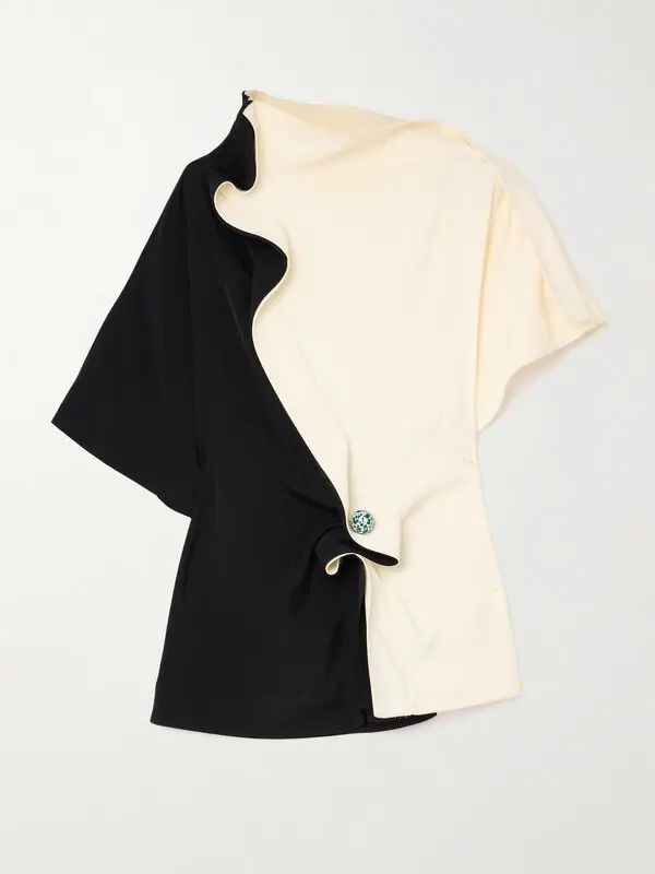 Bottega Veneta Embellished Ruffled Two-tone Crepe Top - Neutrals