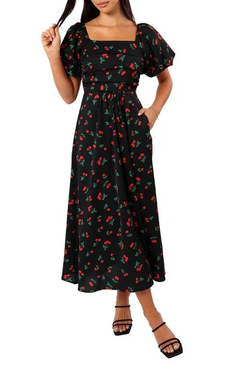 PETAL & PUP Chlo Puff Sleeve Midi Sundress - Cherry Print