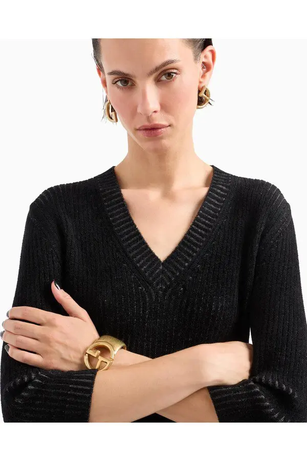 Giorgio Armani Virgin Wool And Viscose-blend V-neck Jumper - Black