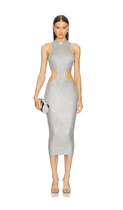MICHAEL COSTELLO Calista Cut Out Long Midi Dress - Silver Foil
