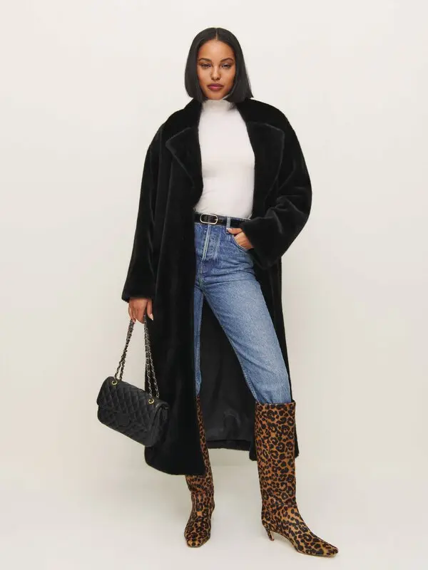 REFORMATION Chloe Faux Fur Overcoat - Black