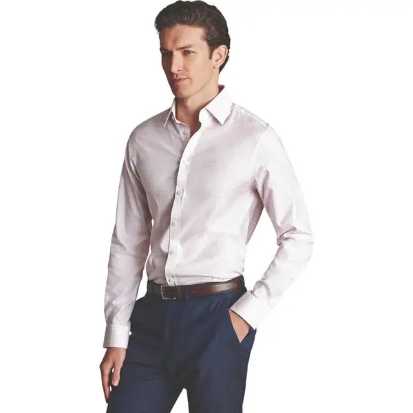 CHARLES TYRWHITT Triple Check Non-iron Twill Slim Fit Shirt Single Cuff - Pink