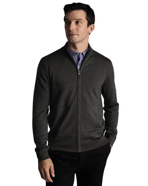 CHARLES TYRWHITT Pure Merino Full Zip Through Cardigan - Grey