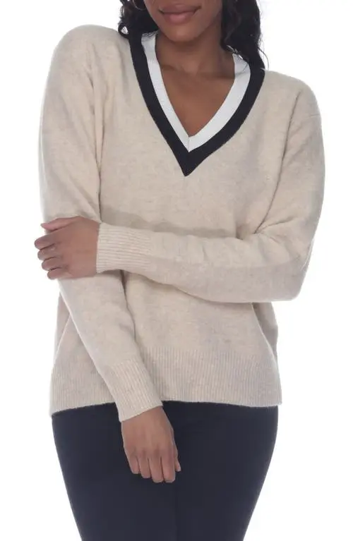 RAIN AND ROSE V-neck Varsity Sweater - Beige
