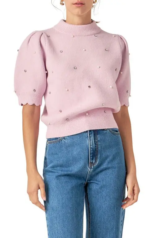 English Factory Embellished Short Sleeve Sweater - Lilac