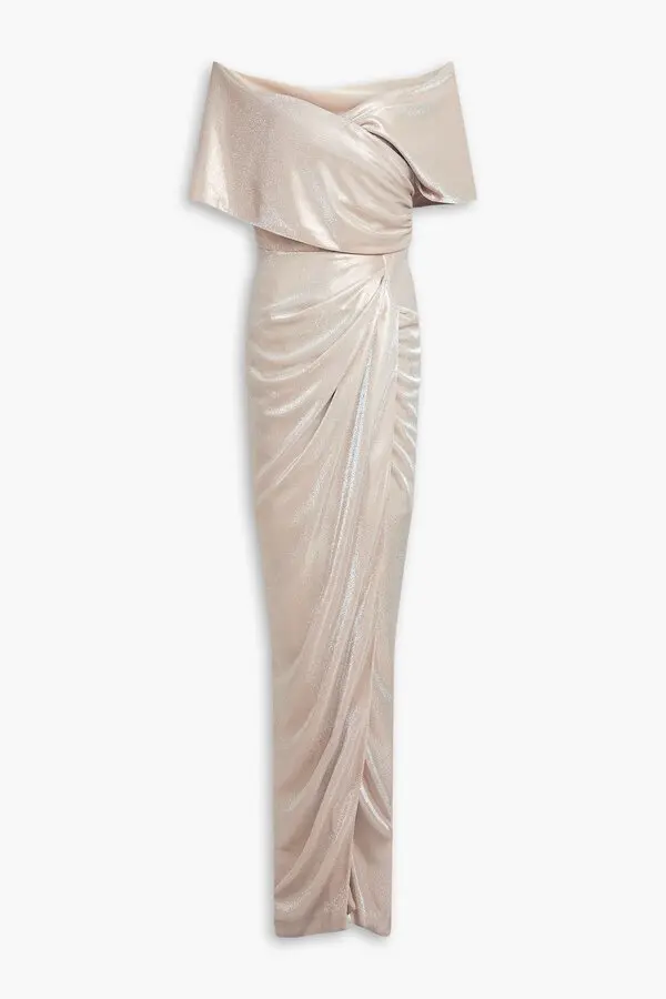 RHEA COSTA Off-the-shoulder Wrap-effect Metallic Gown