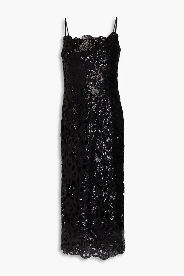 Marchesa Sequined Guipure Lace Midi Dress