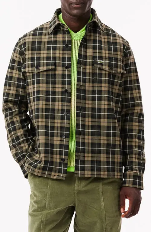 Lacoste Oversize Plaid Flannel Button-up Overshirt - Khaki/ Multico