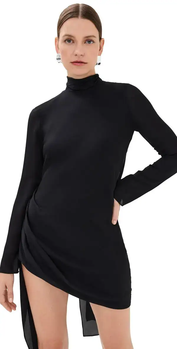 short black dress with neck scarf Noor | Black Bandeau-Neck Mini Dress With Scarf Detail