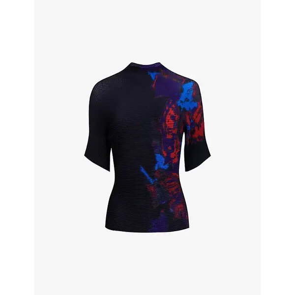 LEEM Graphic-print High-neck Plisse Woven Top