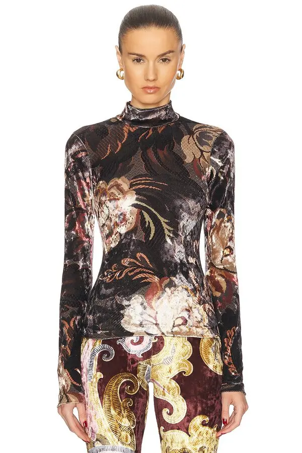 Etro Long Sleeve Velvet Top - Print On Grey Base