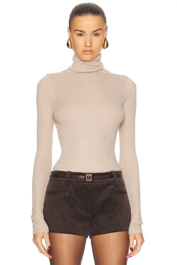 Enza Costa Silk Rib Turtleneck Top - Jute
