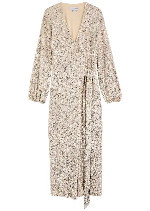 silver sequin kira wrap dress Never Fully Dressed Kira Sequin-Embellished Midi Wrap Dress In Silver - 40%  Off