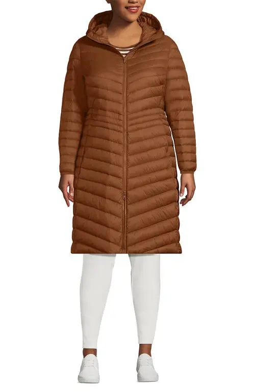 LANDS' END Ultralight Packable Long Down Coat - Rich Ginger Brown