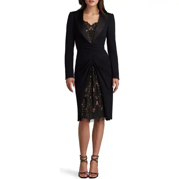 Tadashi Shoji Lace Panel Long Sleeve Cocktail Dress In Black/Beige - 60%  Off | Editorialist