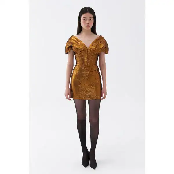 copper corset dress Azazie Taj
