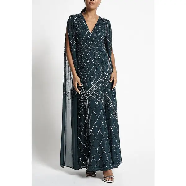 Frock And Frill Cape Sleeve Maxi Gown - Green | Editorialist