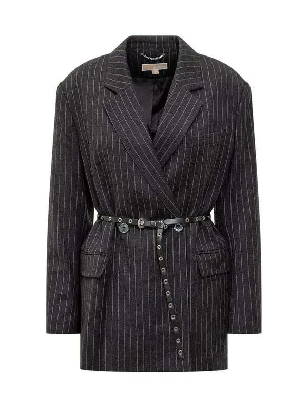 Michael Kors Belted Pinstripe Blazer - Black