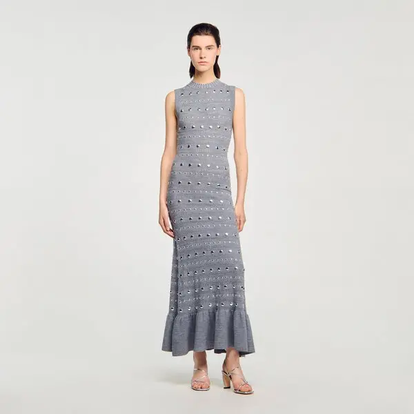 Sandro Sleeveless Knit Maxi Dress With Studs - Grey