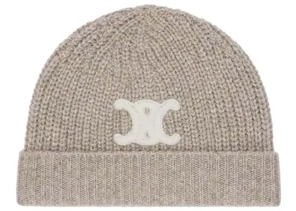 Celine Cashmere Embroidered Triomphe Beanie - Beige/white