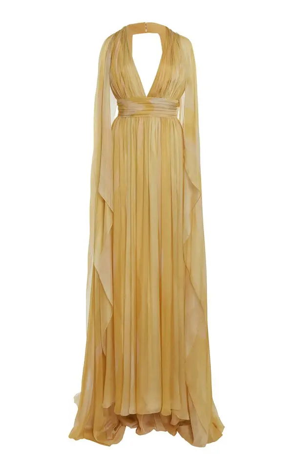 Elie Saab Printed Silk Capelet Gown - Gold