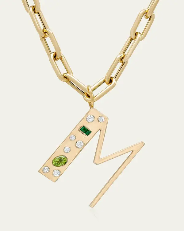 AUDREY C. JEWELS 14k Yellow Gold Initial Necklace With Diamonds, Emeralds, And Peridot