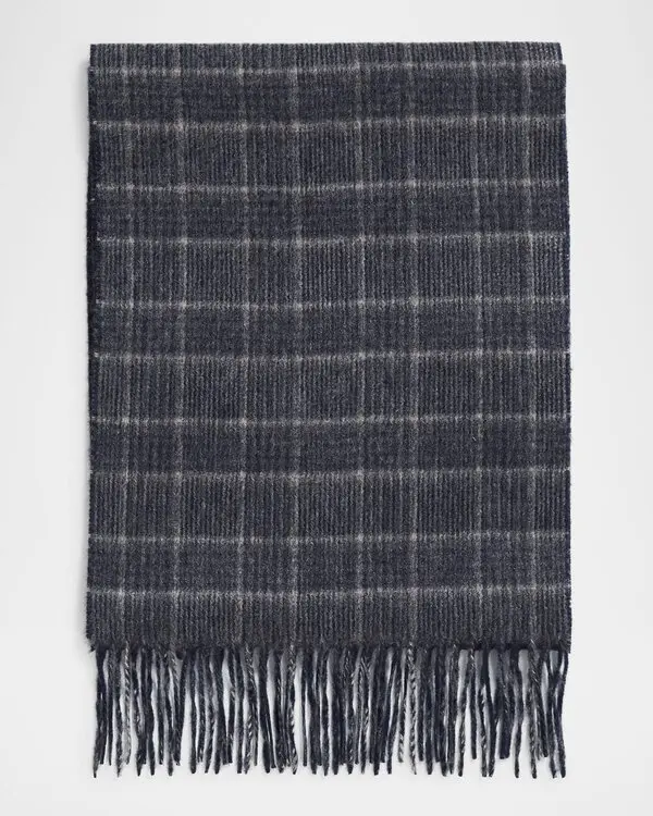 Neiman Marcus Double-Face Cashmere Plaid Scarf Navy Editorialist