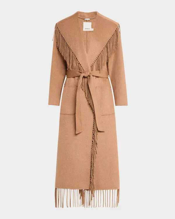Simkhai Carrie Belted Fringe Robe Coat - Camel