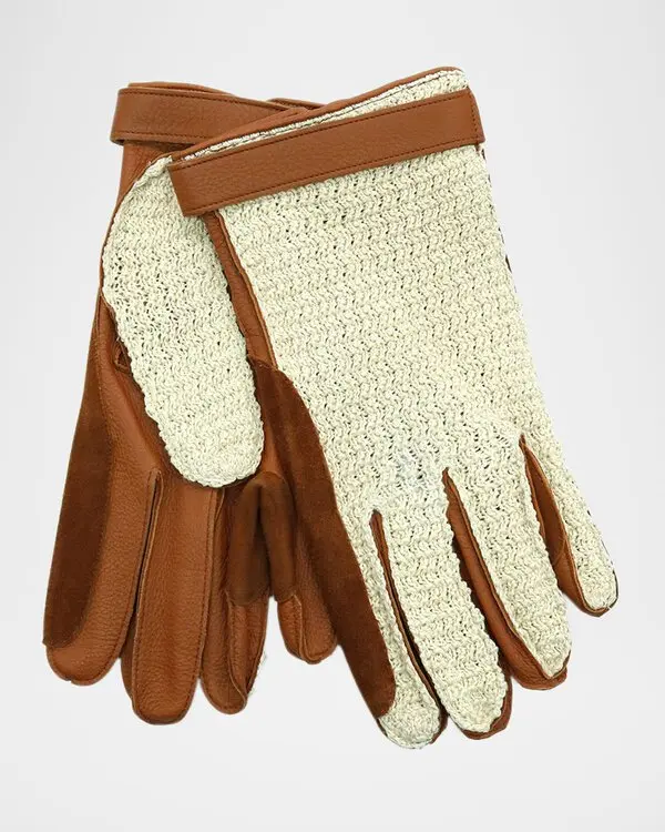 Portolano Deerskin And Crochet Cotton Gloves - Brown