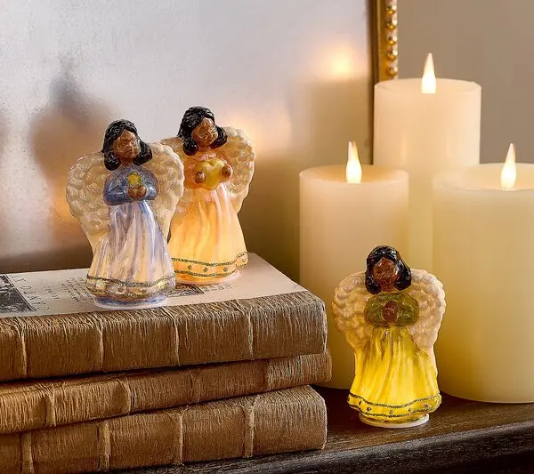 VALERIE PARR HILL Set Of 3 Illuminated Mercury Glass Angels Valerie