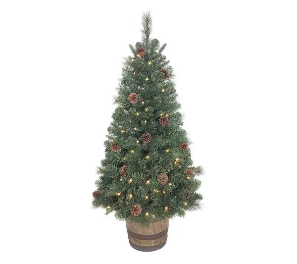HAUTE DECOR 4' Prelit Whiskey Barrel Potted Tre E
